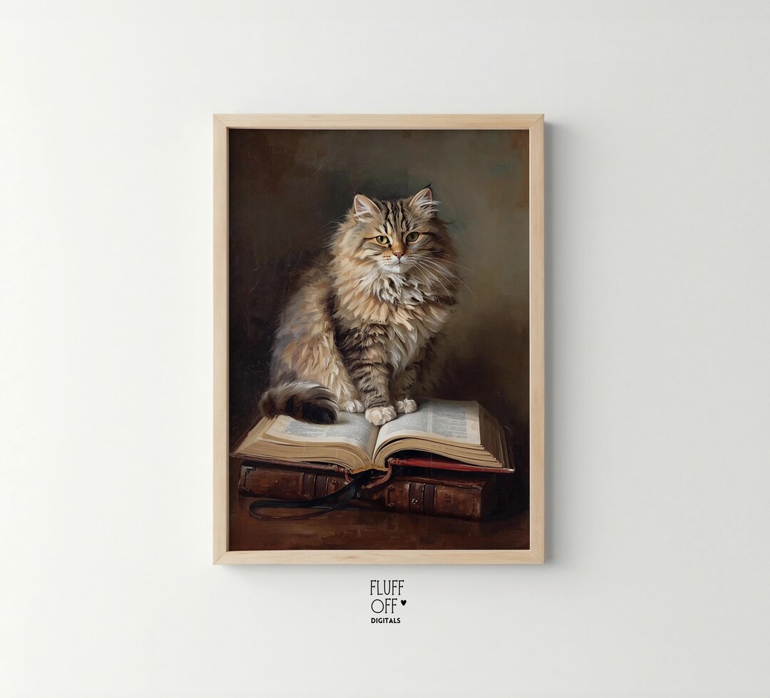 Fluffy Tabby Cat on Open Bible Printable Art - Moody Dark Academia ...