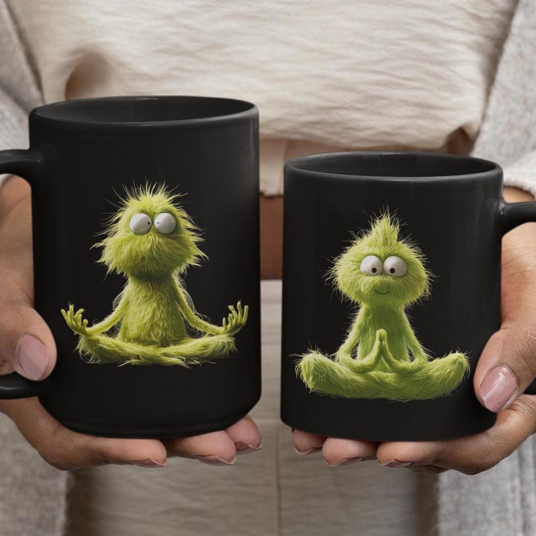 Stressed and Serene Green Monsters in Meditation, Cute Cartoon ...