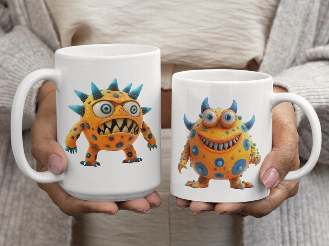 Orange and Blue Polka Dot Monster Coffee Mug, Funny Happy Grumpy Work ...