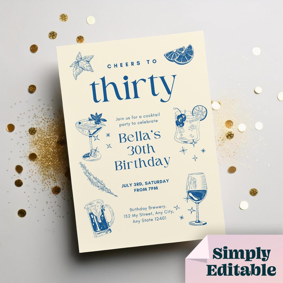 Editable Birthday Cocktail Party Invitation Template, Elegant and Chic ...