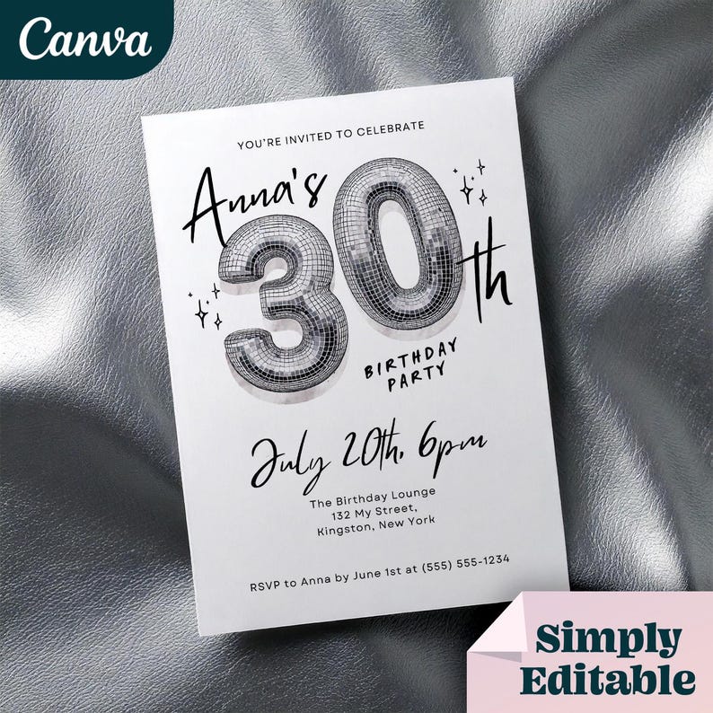 Disco Ball 30th Birthday Invitation Template (editable in Canva) - Etsy