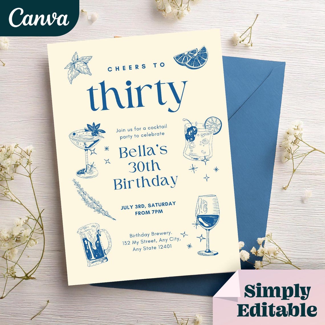 Editable Birthday Cocktail Party Invitation Template, Elegant and Chic ...