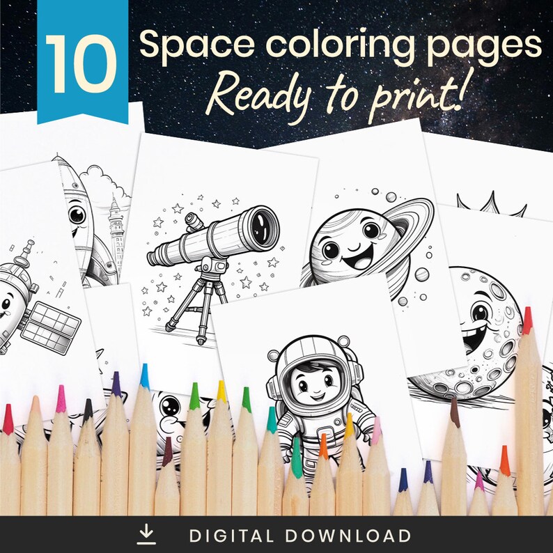 10 Space Theme Coloring Pages for Kids, Space Birthday Theme, Coloring ...