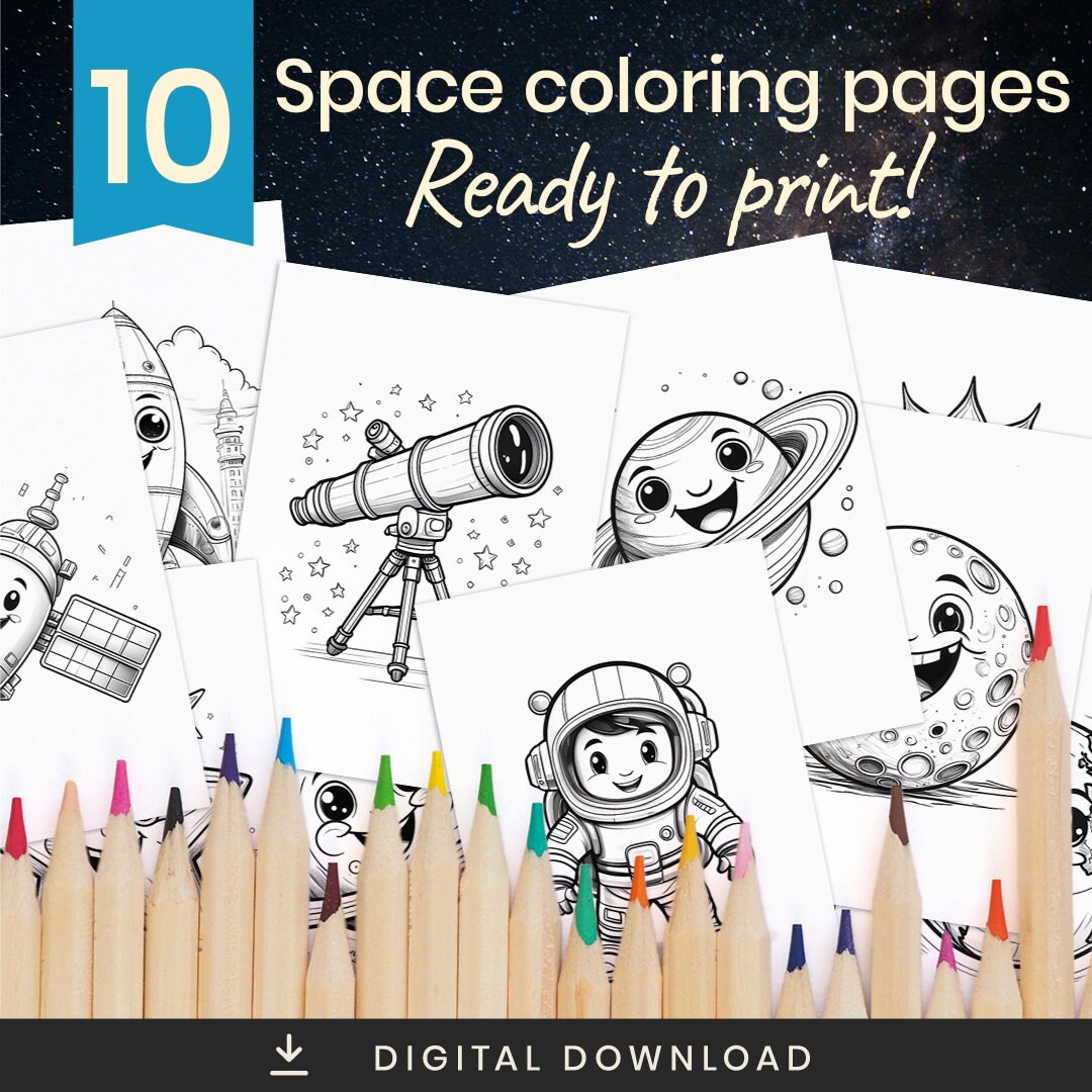10 Space Theme Coloring Pages for Kids, Space Birthday Theme, Coloring ...