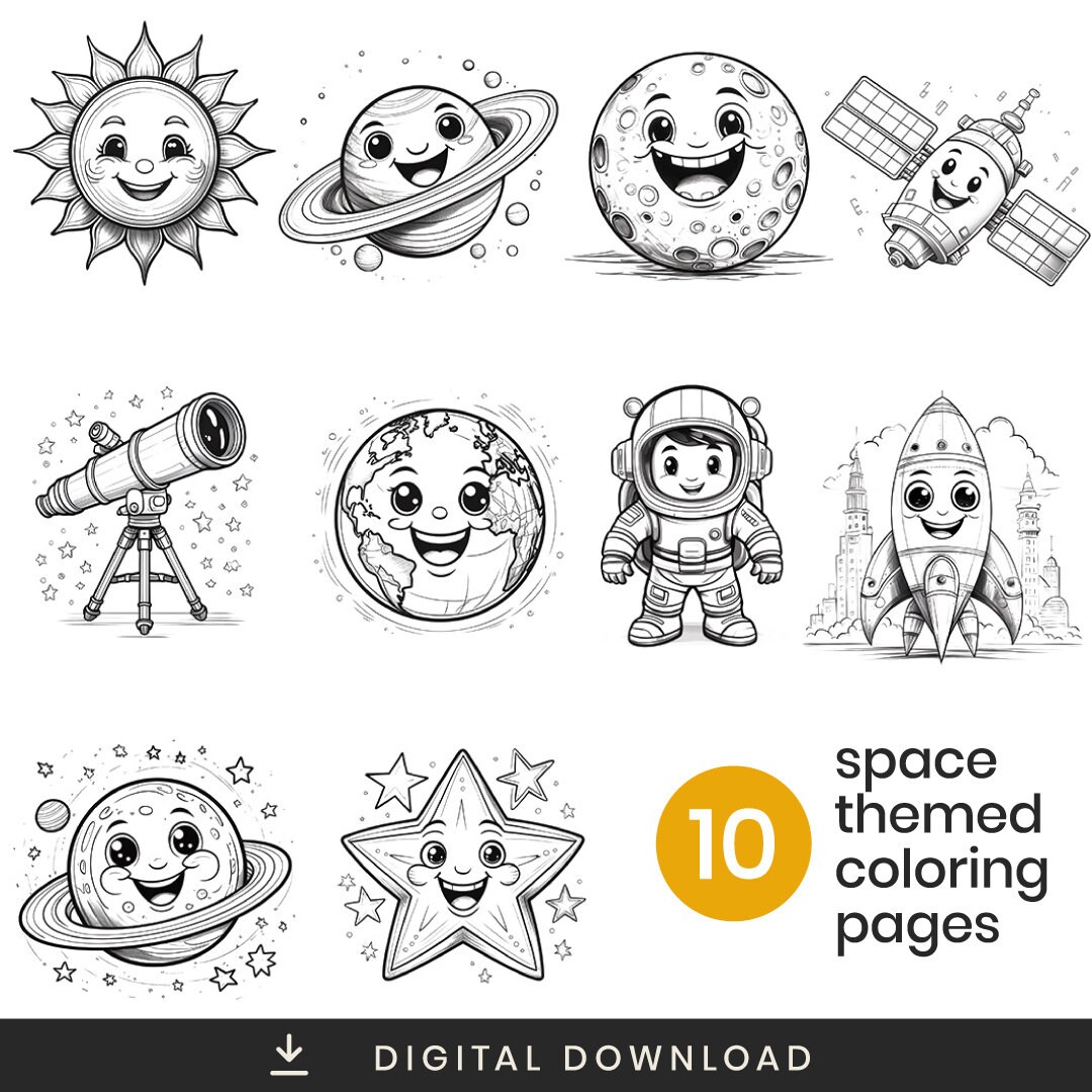 10 Space Theme Coloring Pages for Kids, Space Birthday Theme, Coloring ...