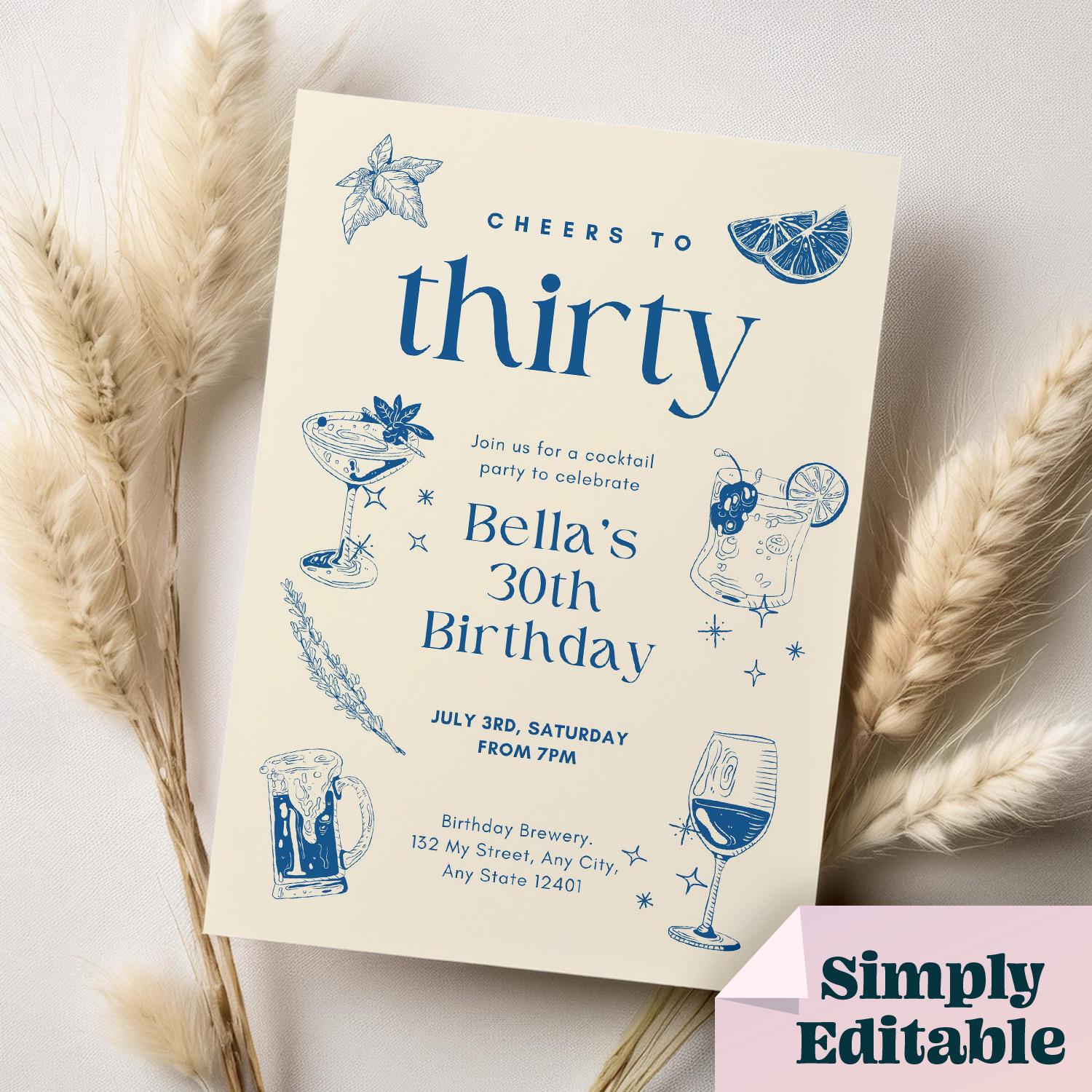 Editable Birthday Cocktail Party Invitation Template, Elegant and Chic ...