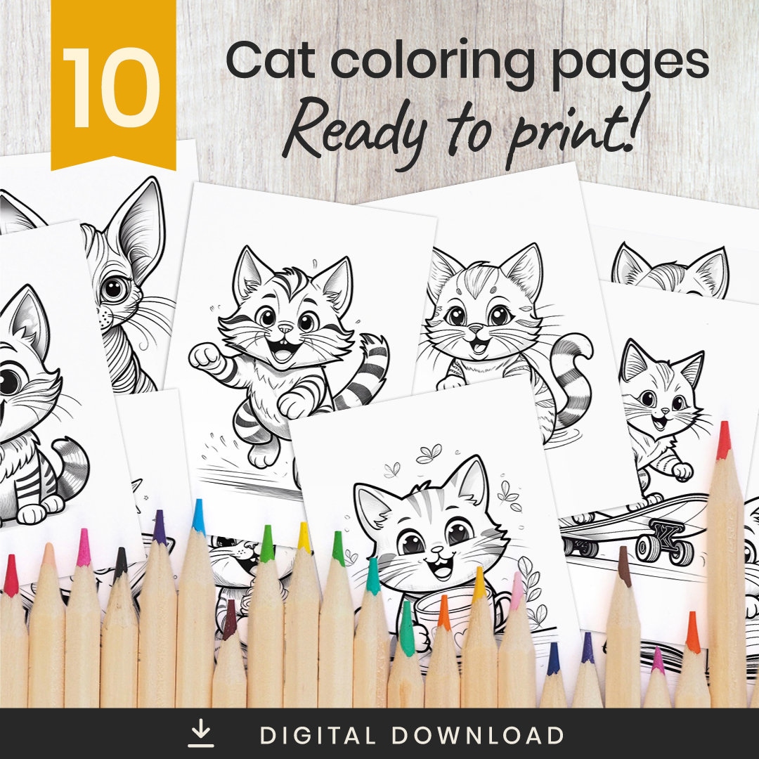 10 Cat Coloring Pages for Kids, Homeschool, Preschool, Kindergarten ...