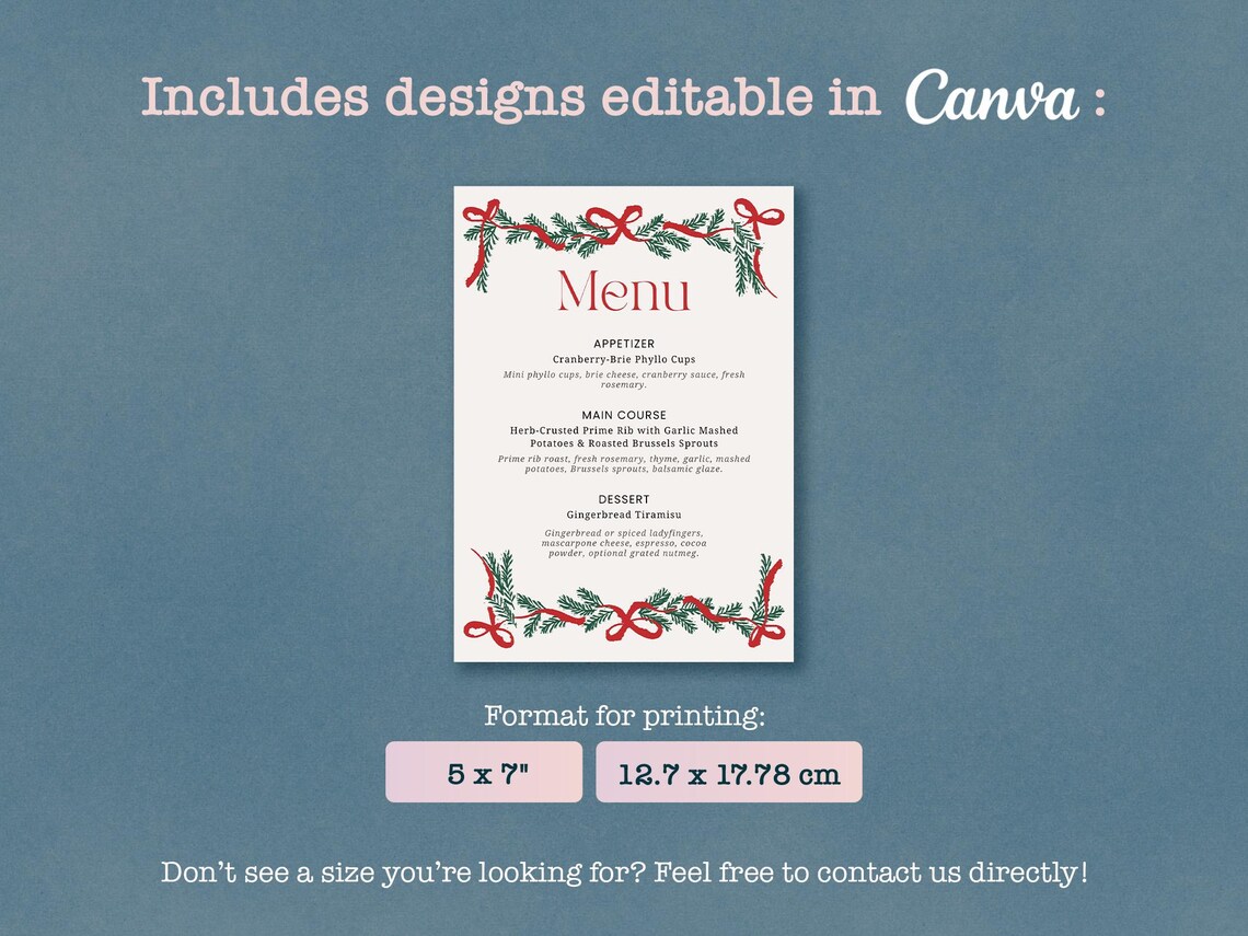 Editable Christmas Menu Card Festive Holiday Dinner Template Design - Etsy