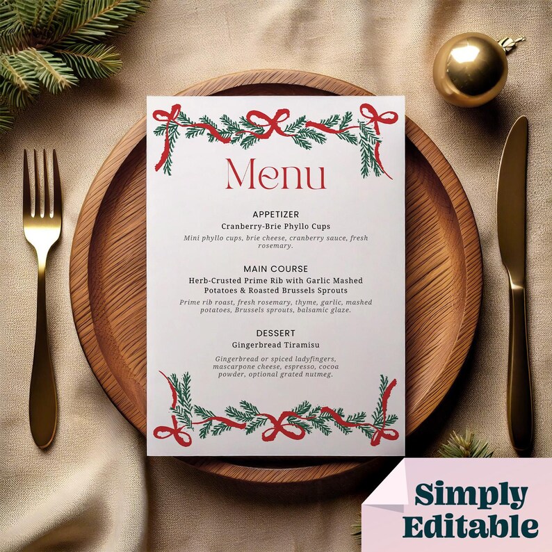Editable Christmas Menu Card Festive Holiday Dinner Template Design - Etsy
