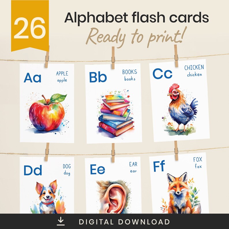 Printable Alphabet Watercolor Flash Cards, Classroom Decor, Toddlers ...