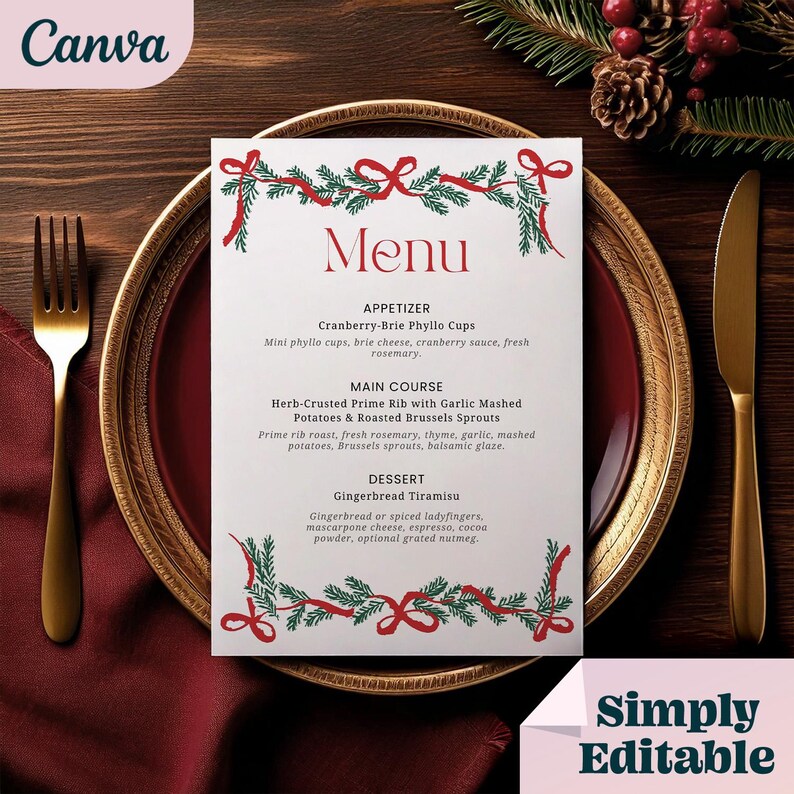 Editable Christmas Menu Card Festive Holiday Dinner Template Design - Etsy