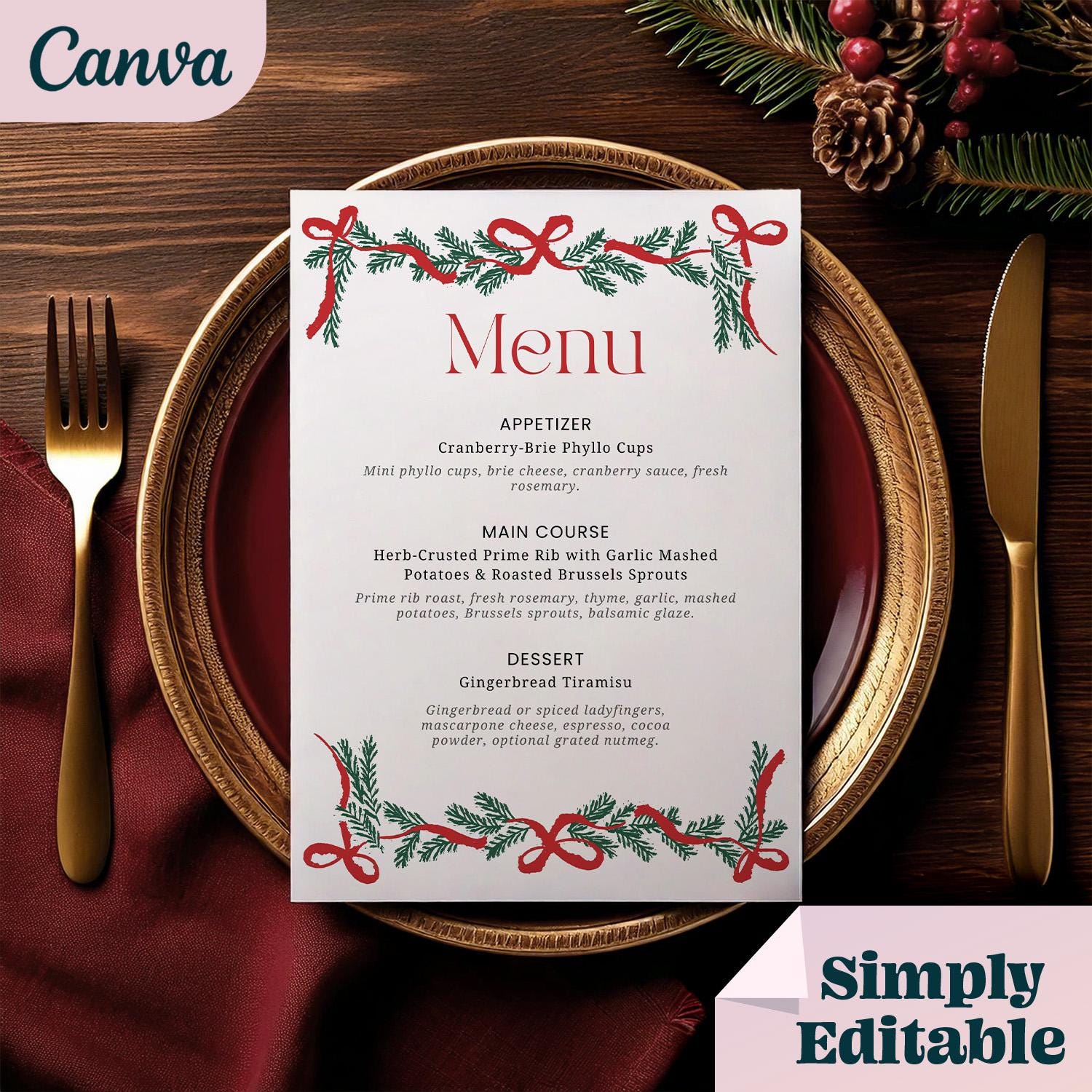 Editable Christmas Menu Card Festive Holiday Dinner Template Design - Etsy