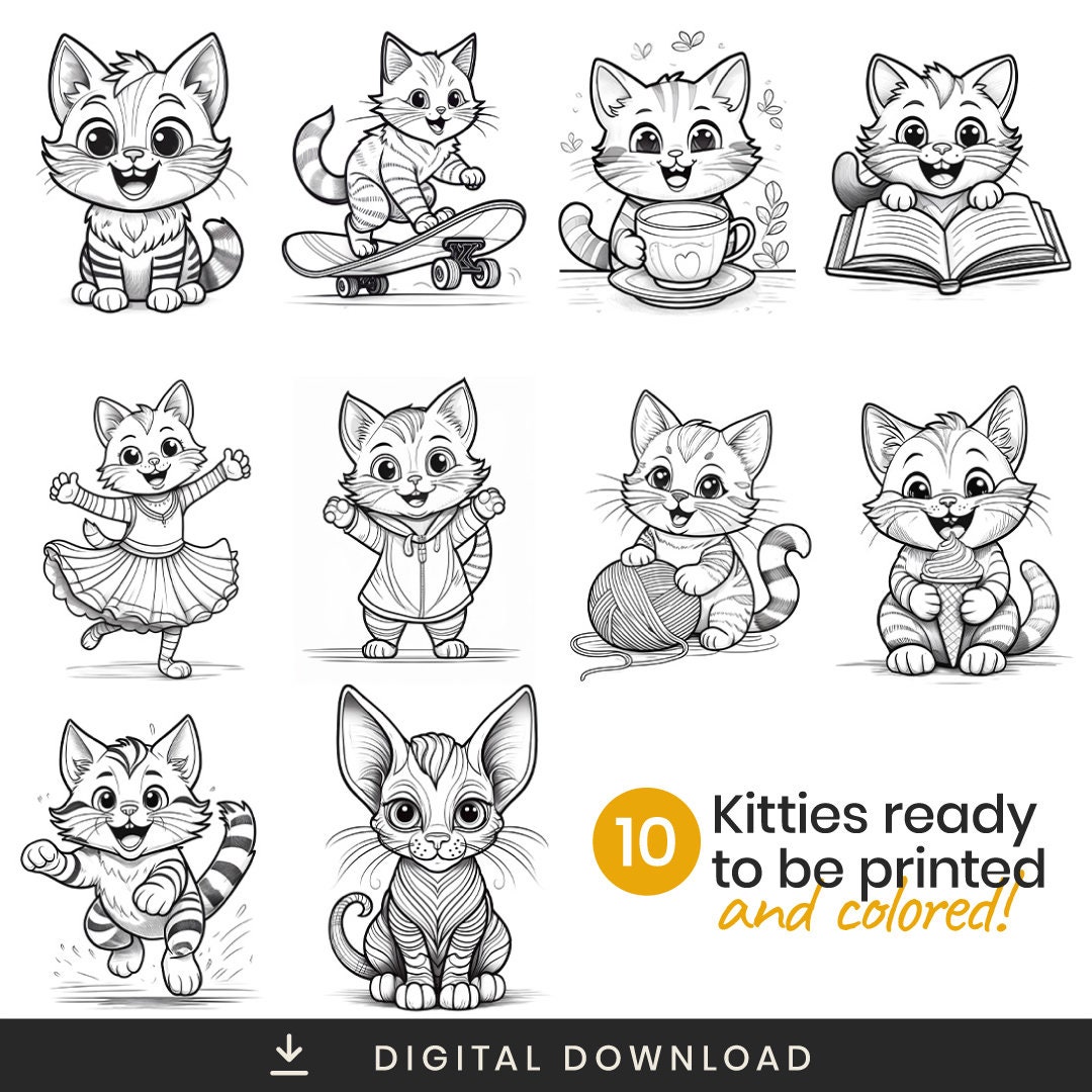 10 Cat Coloring Pages for Kids, Homeschool, Preschool, Kindergarten ...