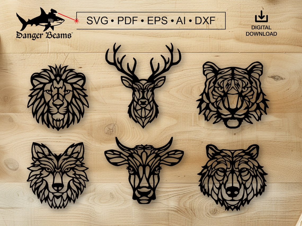 Animal Heads Bundle 1 Cut Paper File Digital Download ai, PDF, DXF, SVG ...