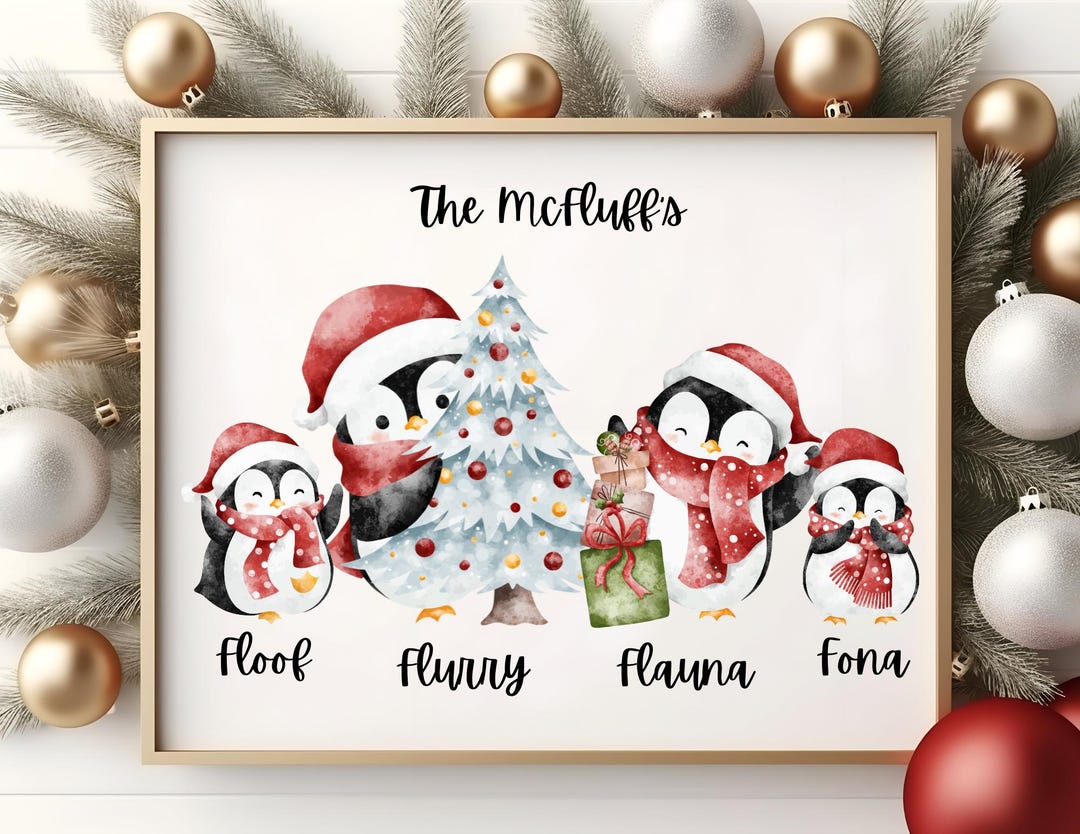 Personalized Penguin Family Print Customizable Winter Wonderland Art ...