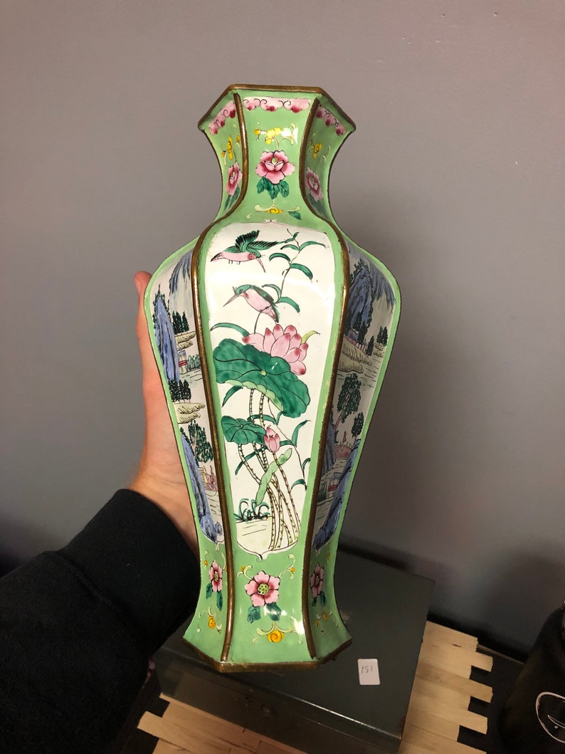 Green Chinese Hexagonal Handpainted Canton Enamel Vase With Brass ...