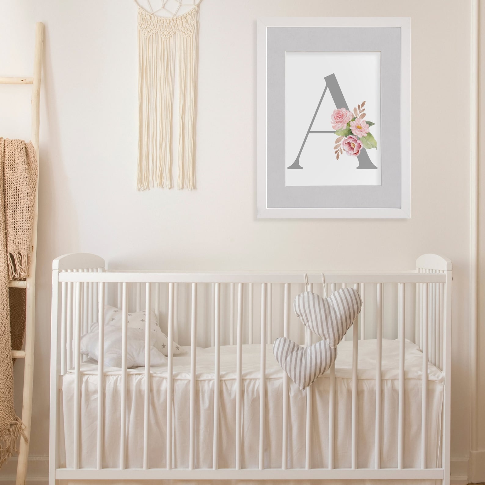 A-Z Alphabet | Gray Monogram Wall Art, Initial Print Floral Bouquet ...