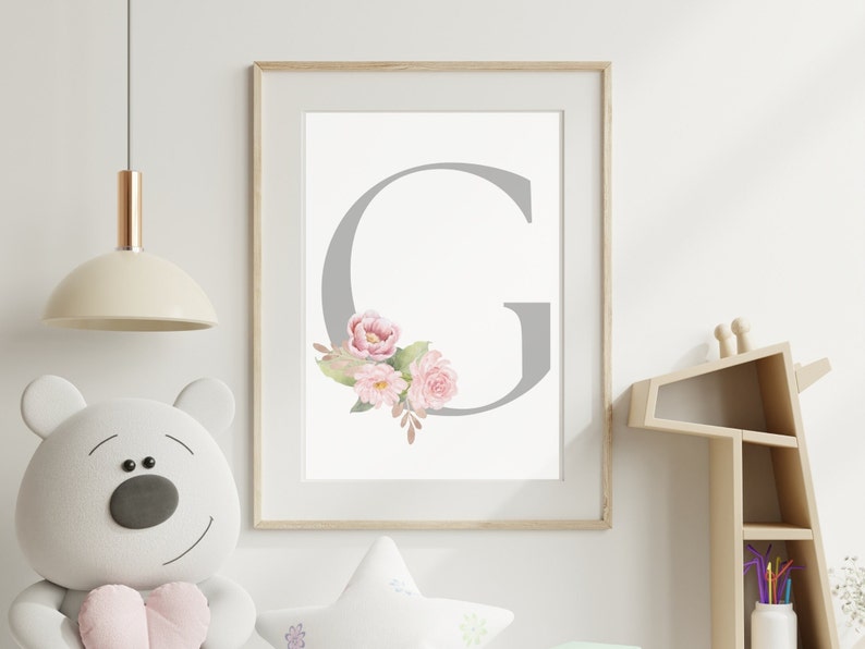 Letter G | Gray Monogram Wall Art, Initial Print Floral Bouquet, Pink ...