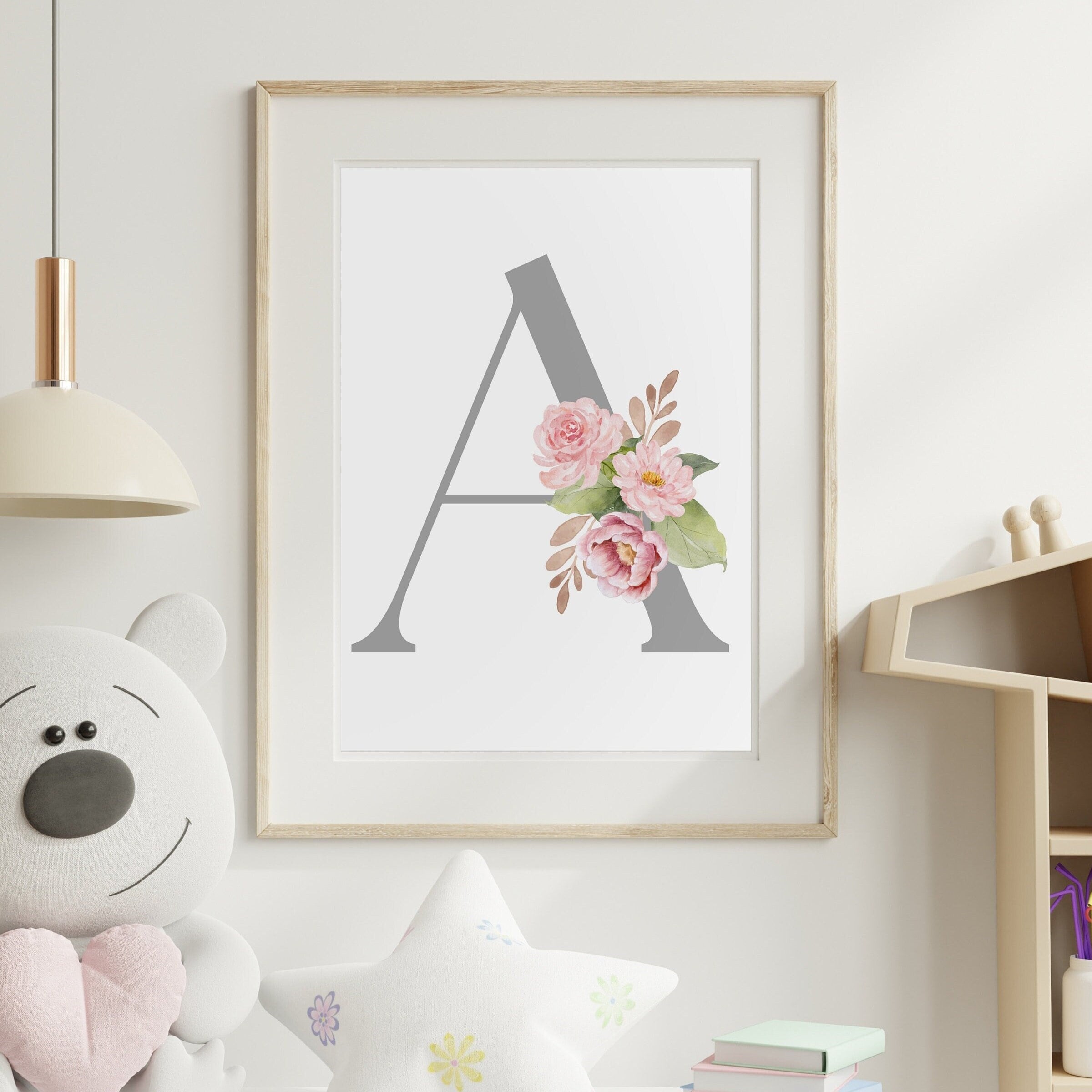 A-Z Alphabet | Gray Monogram Wall Art, Initial Print Floral Bouquet ...