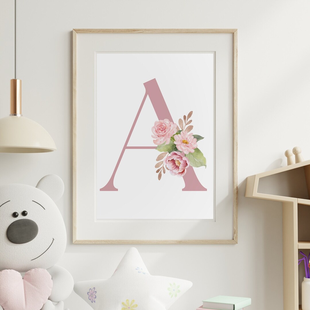 A-Z Alphabet | Blush Monogram Wall Art, Initial Print Floral Bouquet ...