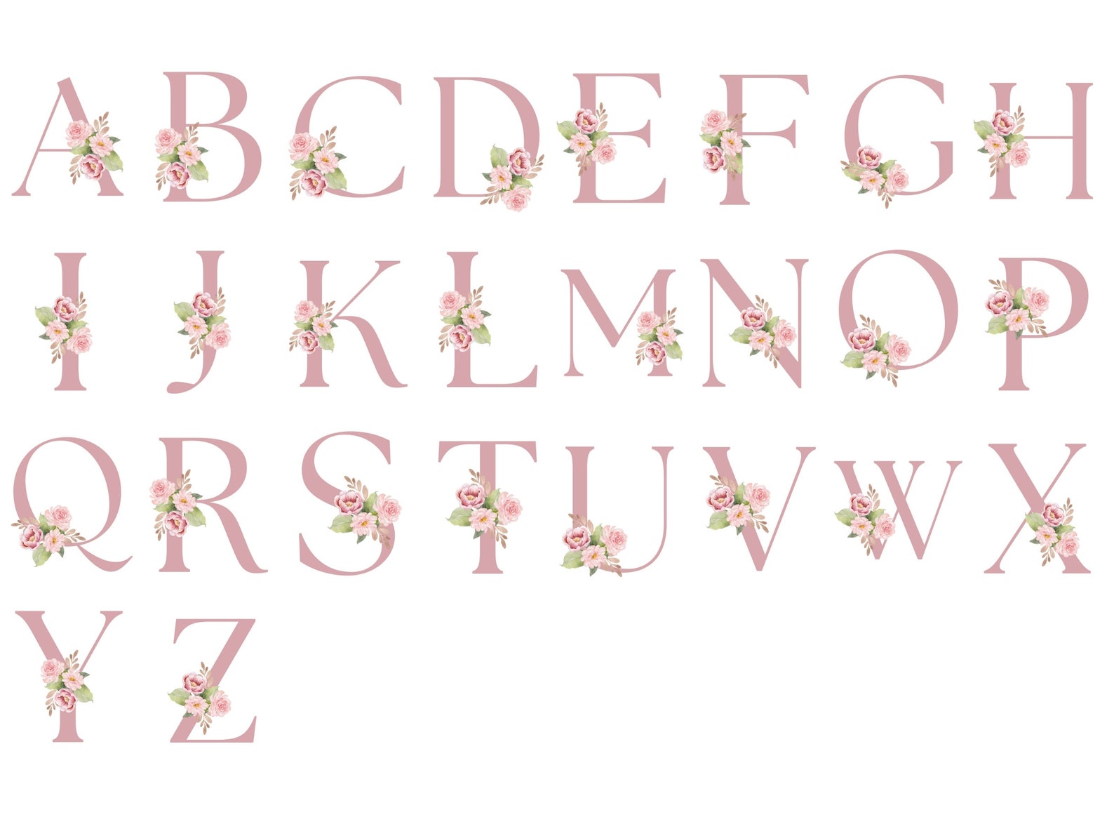 A-Z Alphabet | Blush Monogram Wall Art, Initial Print Floral Bouquet ...