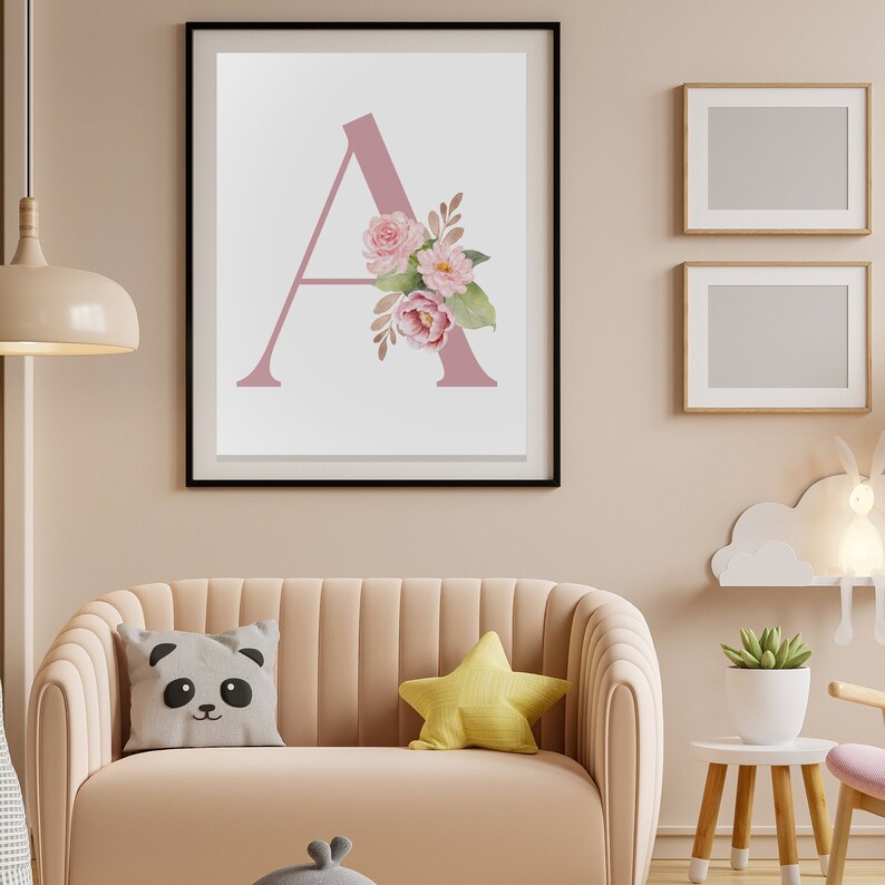 A-Z Alphabet | Blush Monogram Wall Art, Initial Print Floral Bouquet ...