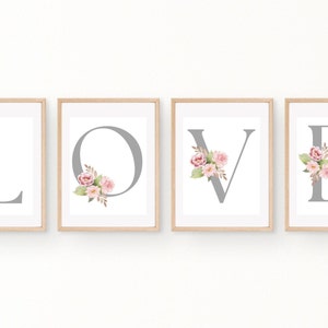 Letter F | Gray Monogram Wall Art, Initial Print Floral Bouquet, Pink ...