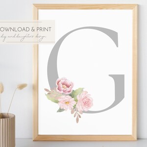 Letter G | Gray Monogram Wall Art, Initial Print Floral Bouquet, Pink ...