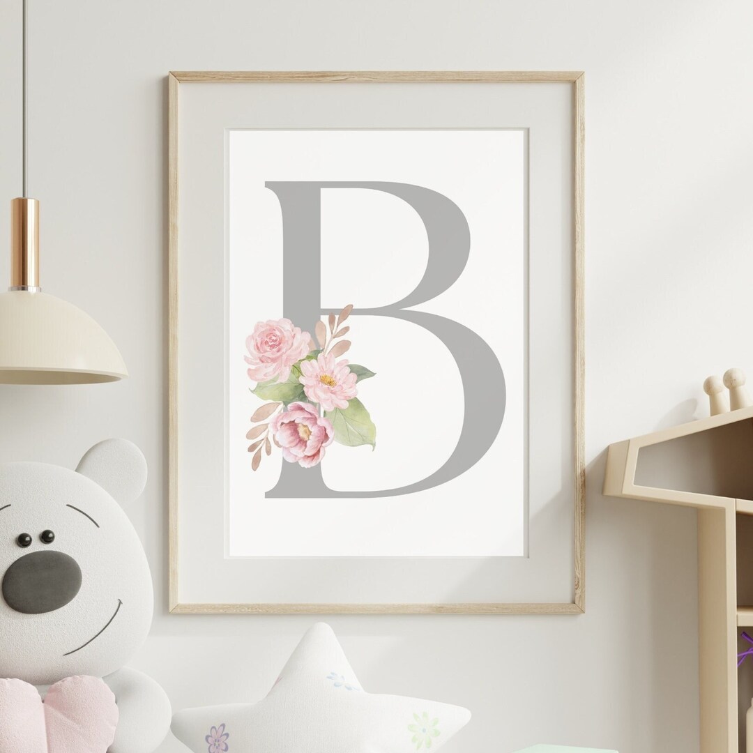 Letter B | Gray Monogram Wall Art, Initial Print Floral Bouquet, Pink ...