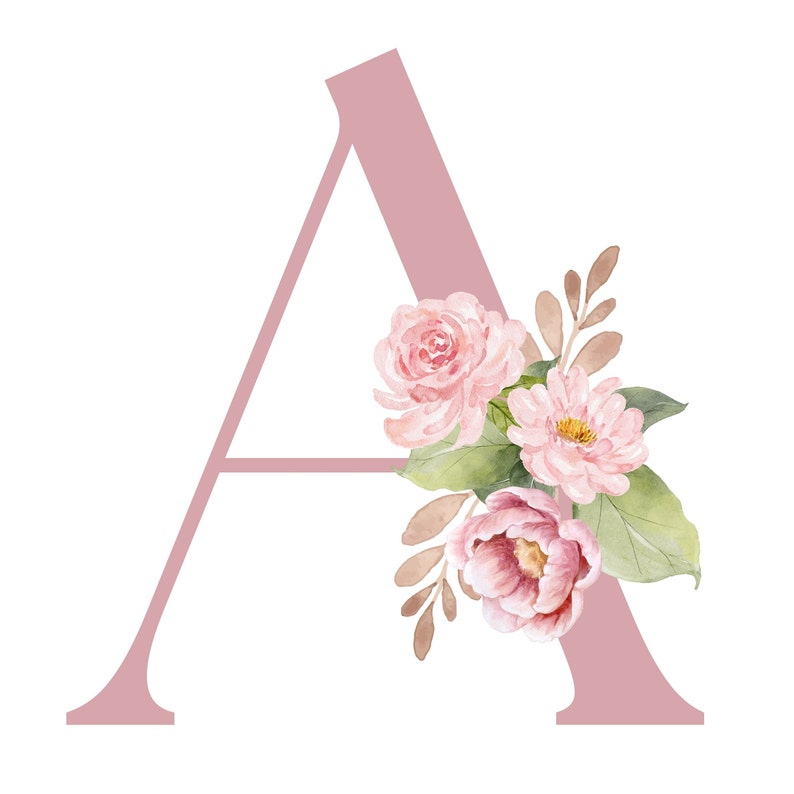 A-Z Alphabet | Blush Monogram Wall Art, Initial Print Floral Bouquet ...