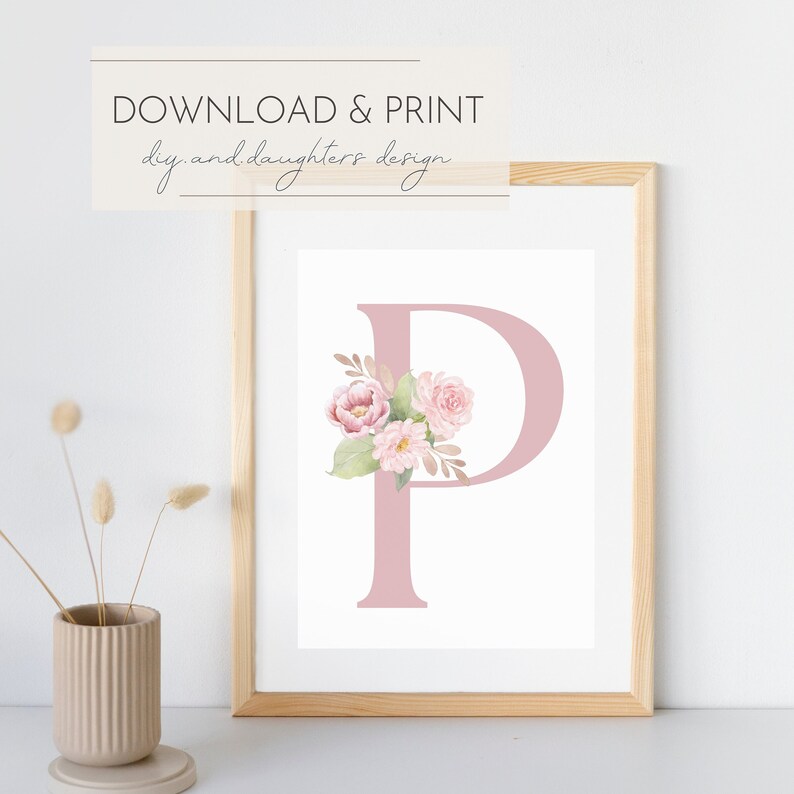 A-Z Alphabet | Blush Monogram Wall Art, Initial Print Floral Bouquet ...