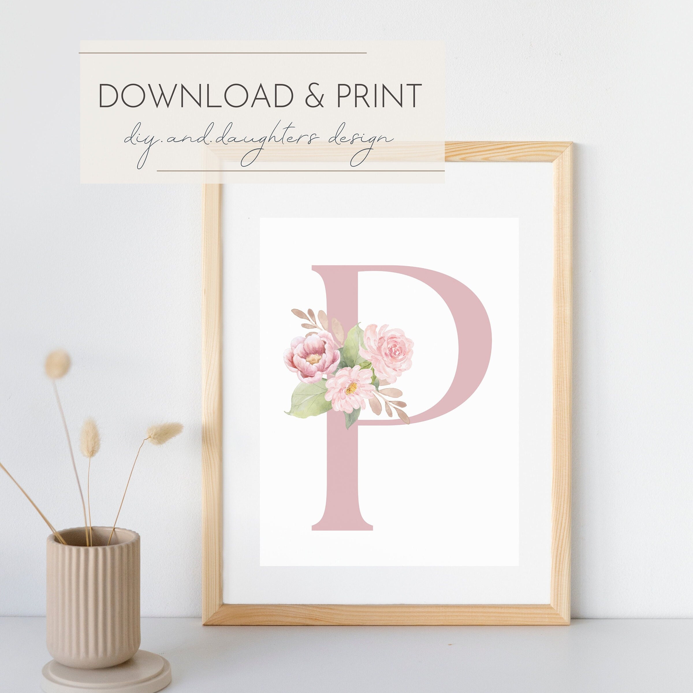 A-Z Alphabet | Blush Monogram Wall Art, Initial Print Floral Bouquet ...