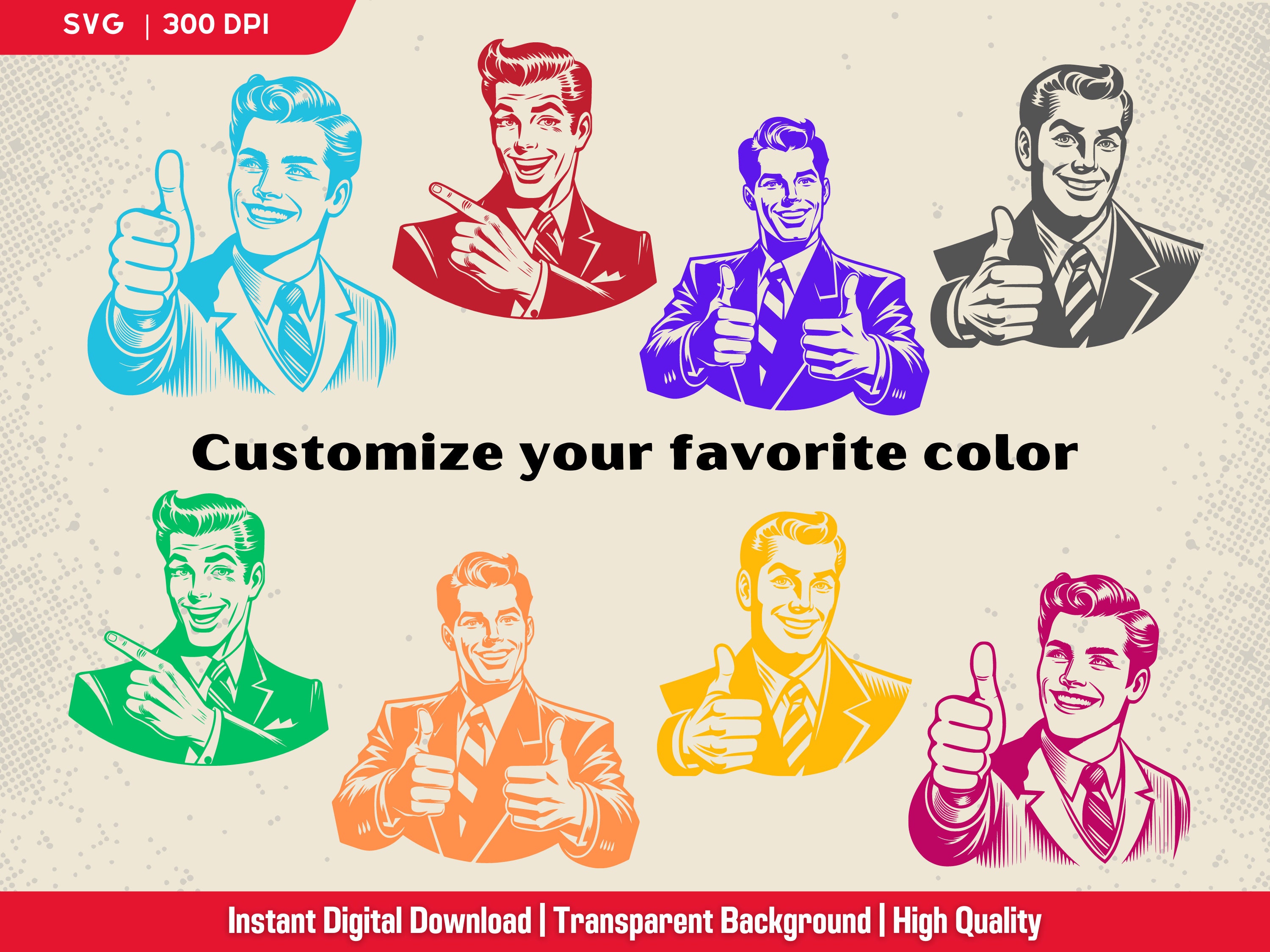 4 Retro Gentleman Giving Thumbs up Svg & Png Cilpart, Vintage Man ...