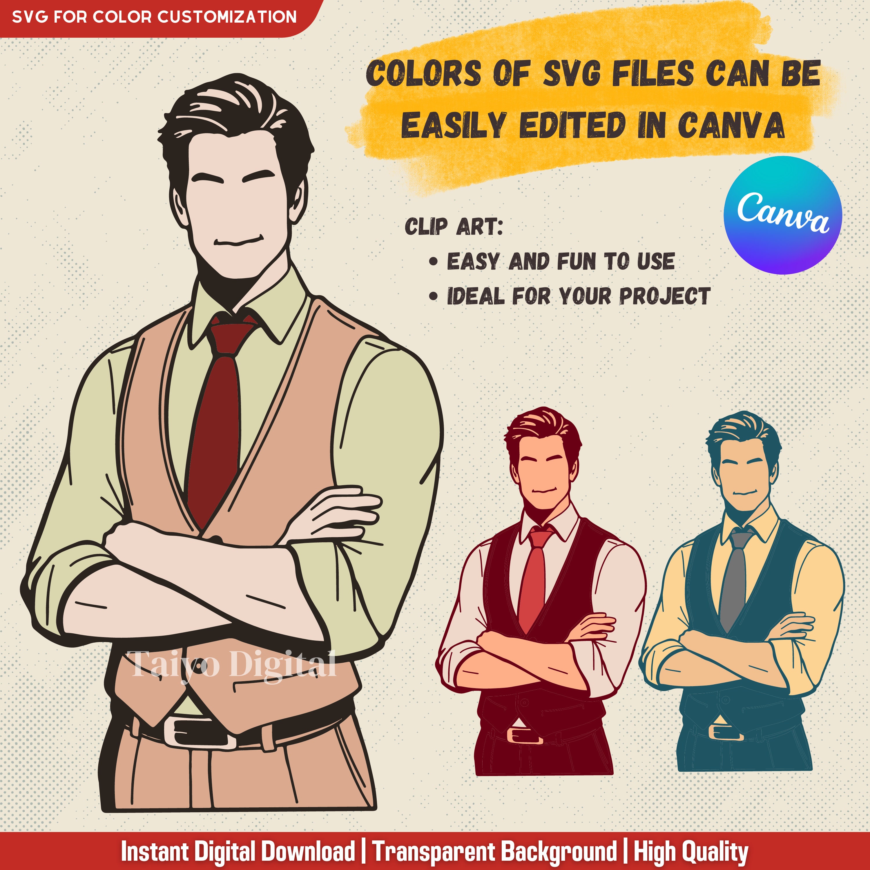 Vintage 50s Men SVG and PNG Clipart: Editable Colors in Canva. Retro ...