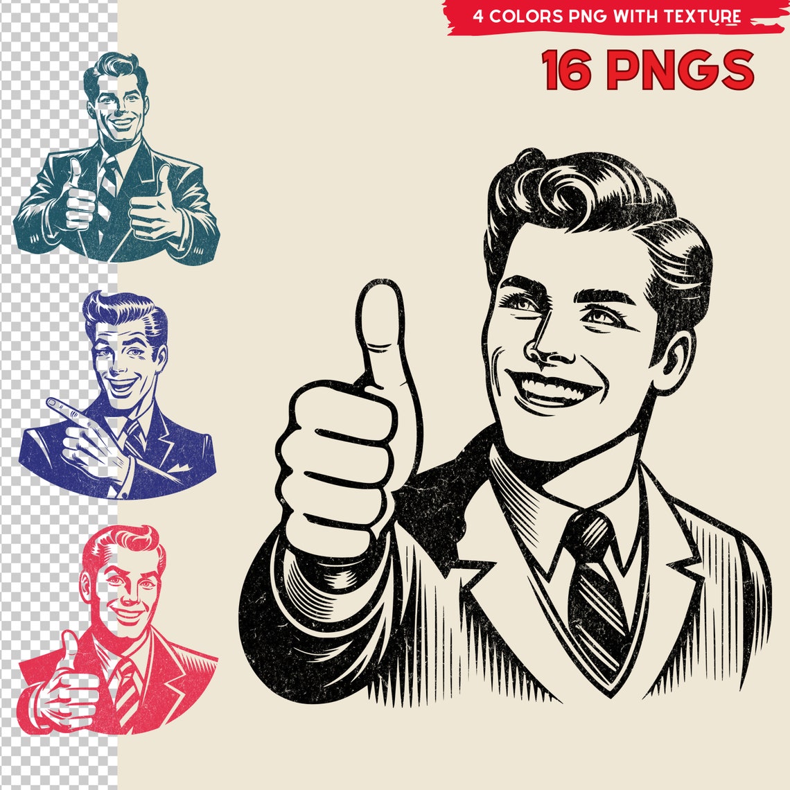 4 Retro Gentleman Giving Thumbs up Svg & Png Cilpart, Vintage Man ...