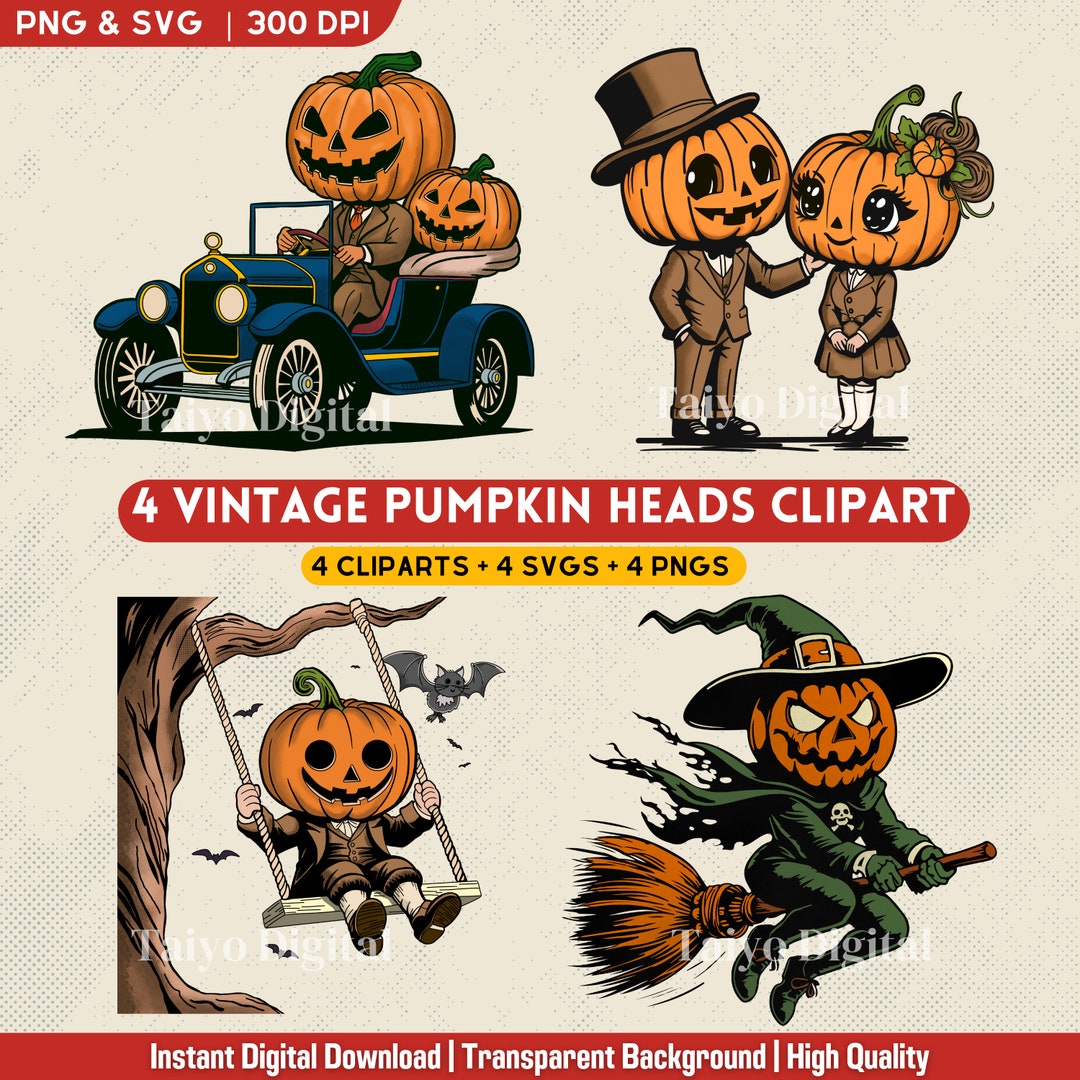 Vintage Halloween Pumpkin Head Clipart PNG & SVG, Cute Retro Halloween ...