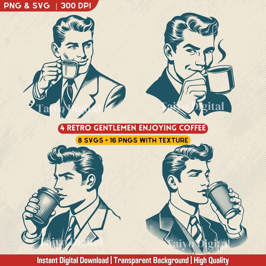 4 Retro Gentleman Enjoying Coffee Svg & Png Cilpart, 50s Man, Editable ...