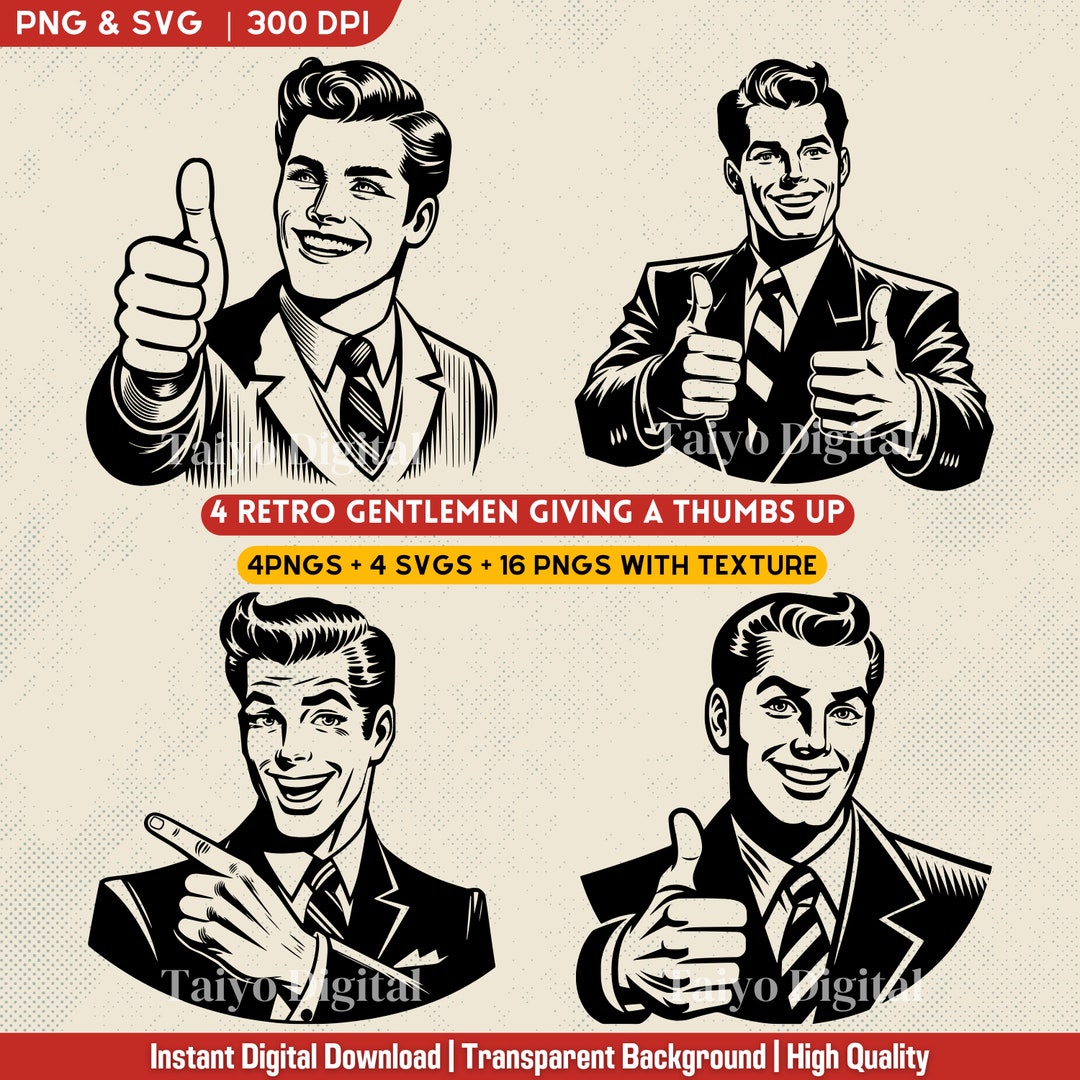 Retro Gentleman Thumbs up Clipart: Vintage Style SVG PNG (digital ...