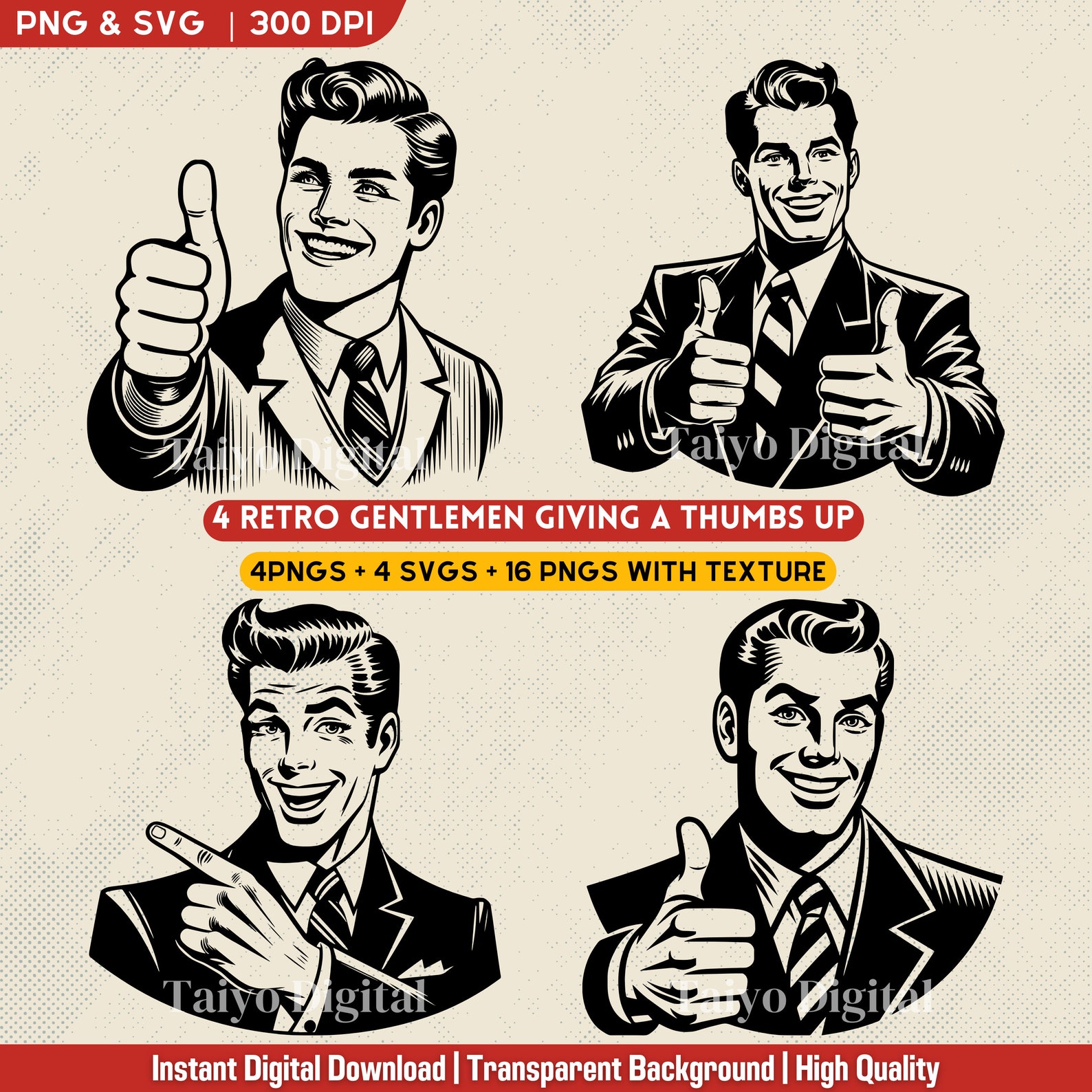 4 Retro Gentleman Giving Thumbs up Svg & Png Cilpart, Vintage Man ...