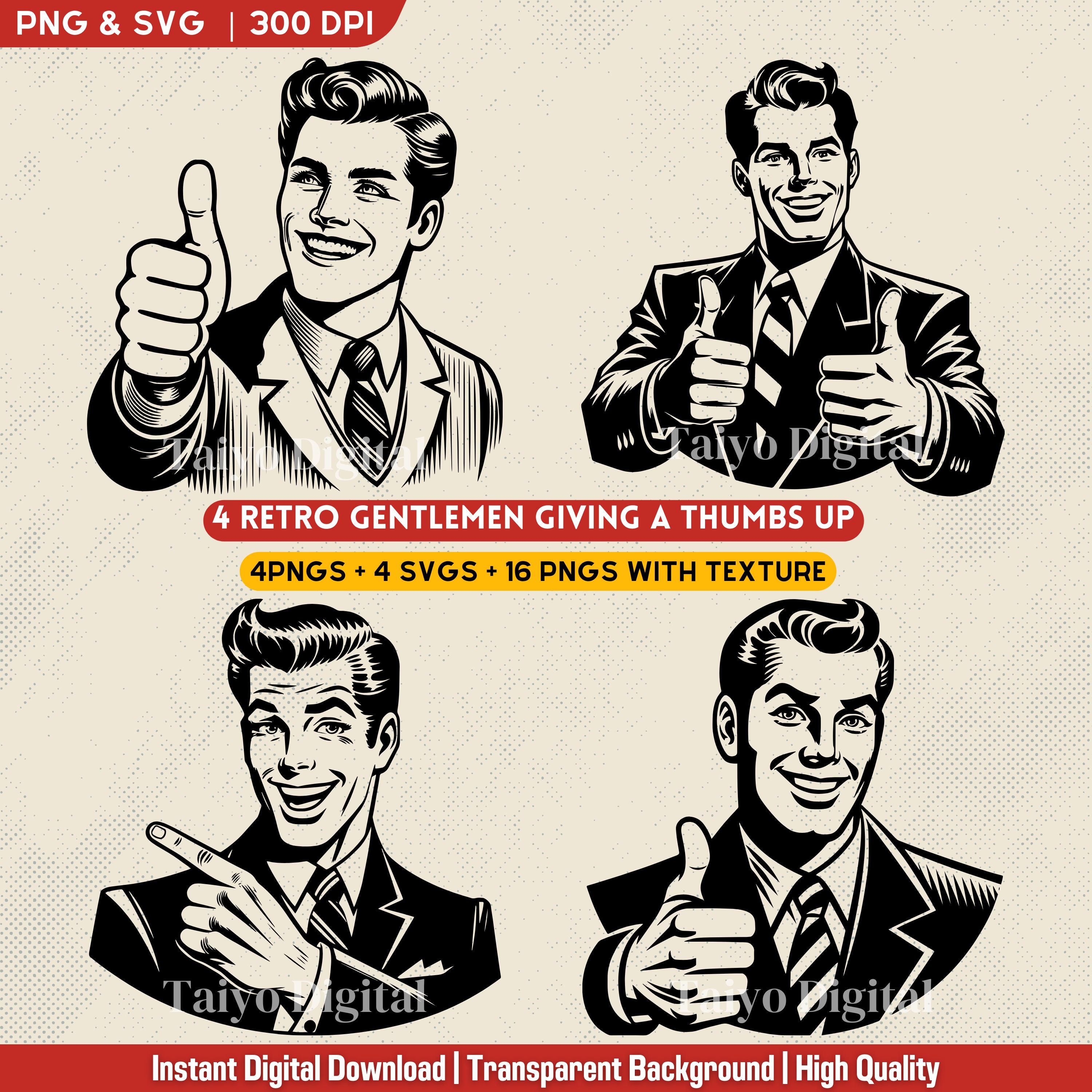 4 Retro Gentleman Giving Thumbs up Svg & Png Cilpart, Vintage Man, Editable Colors in Canva, Mid ...
