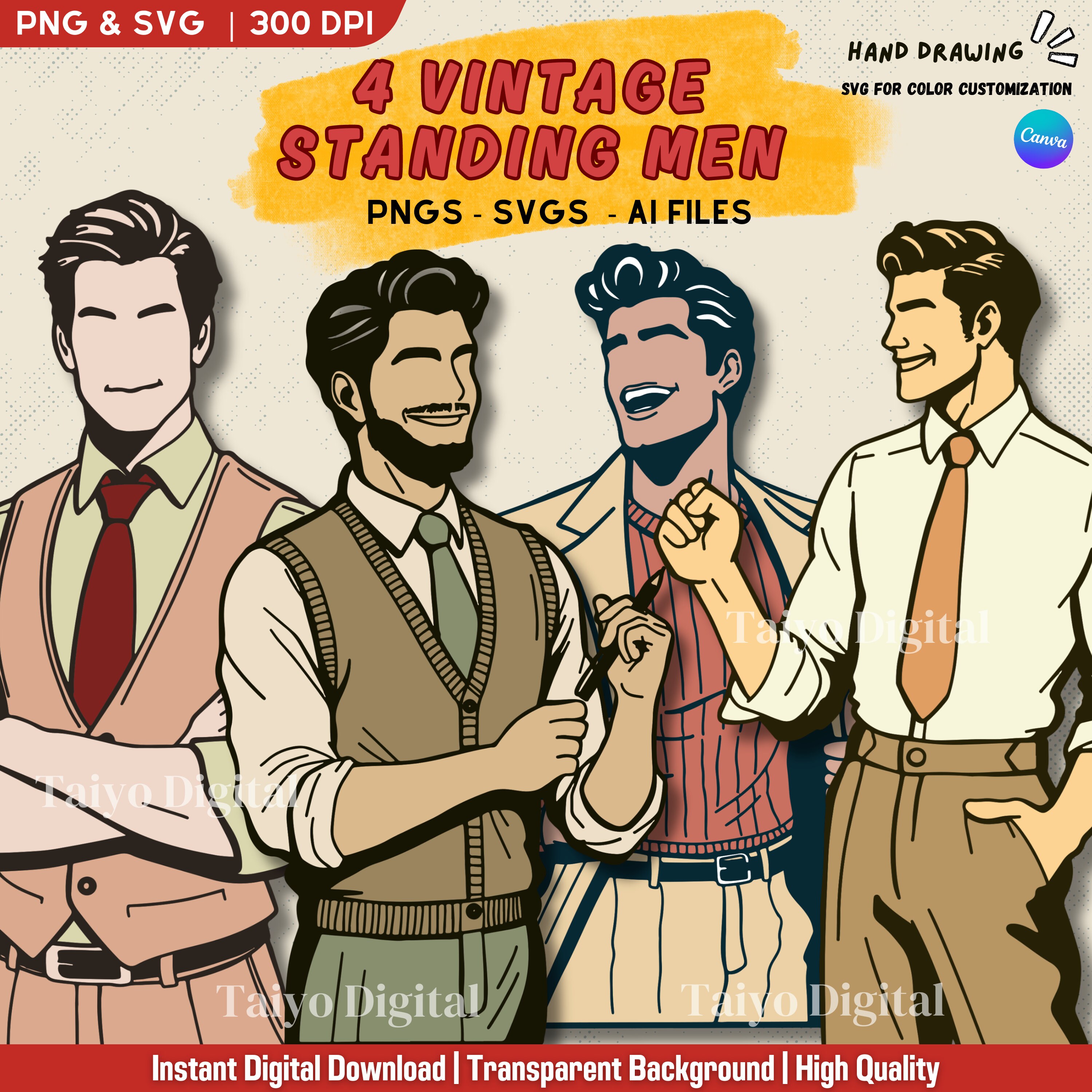 Vintage 50s Men SVG and PNG Clipart: Editable Colors in Canva. Retro ...
