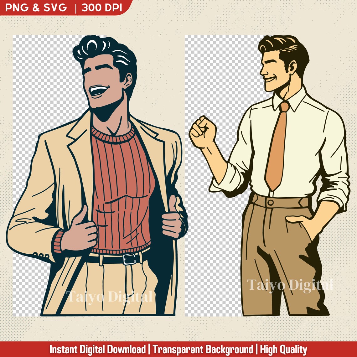 Vintage 50s Men SVG and PNG Clipart: Editable Colors in Canva. Retro ...