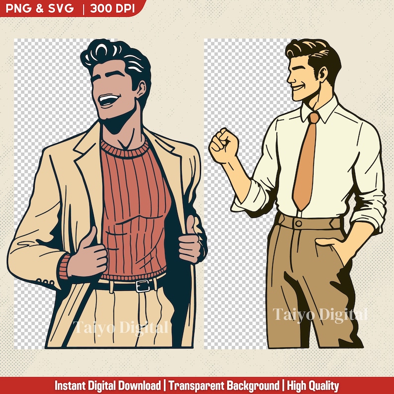 Vintage 50s Men SVG and PNG Clipart: Editable Colors in Canva. Retro ...
