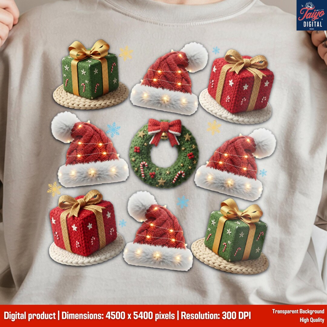 Crochet Christmas Elements PNG: Santa Hat, Wreath & Gifts (digital ...