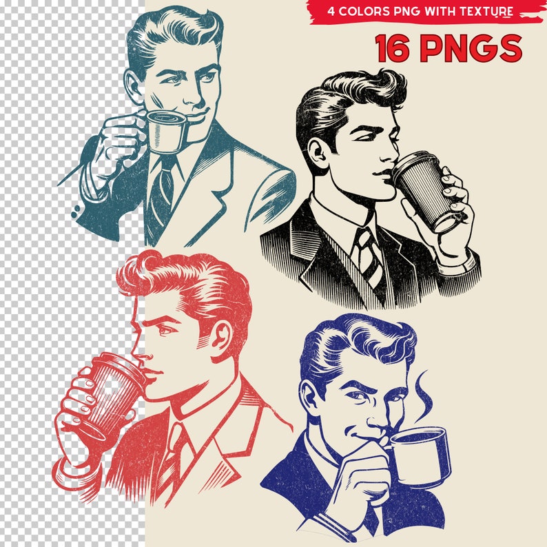 4 Retro Gentleman Enjoying Coffee Svg & Png Cilpart, 50s Man, Editable ...