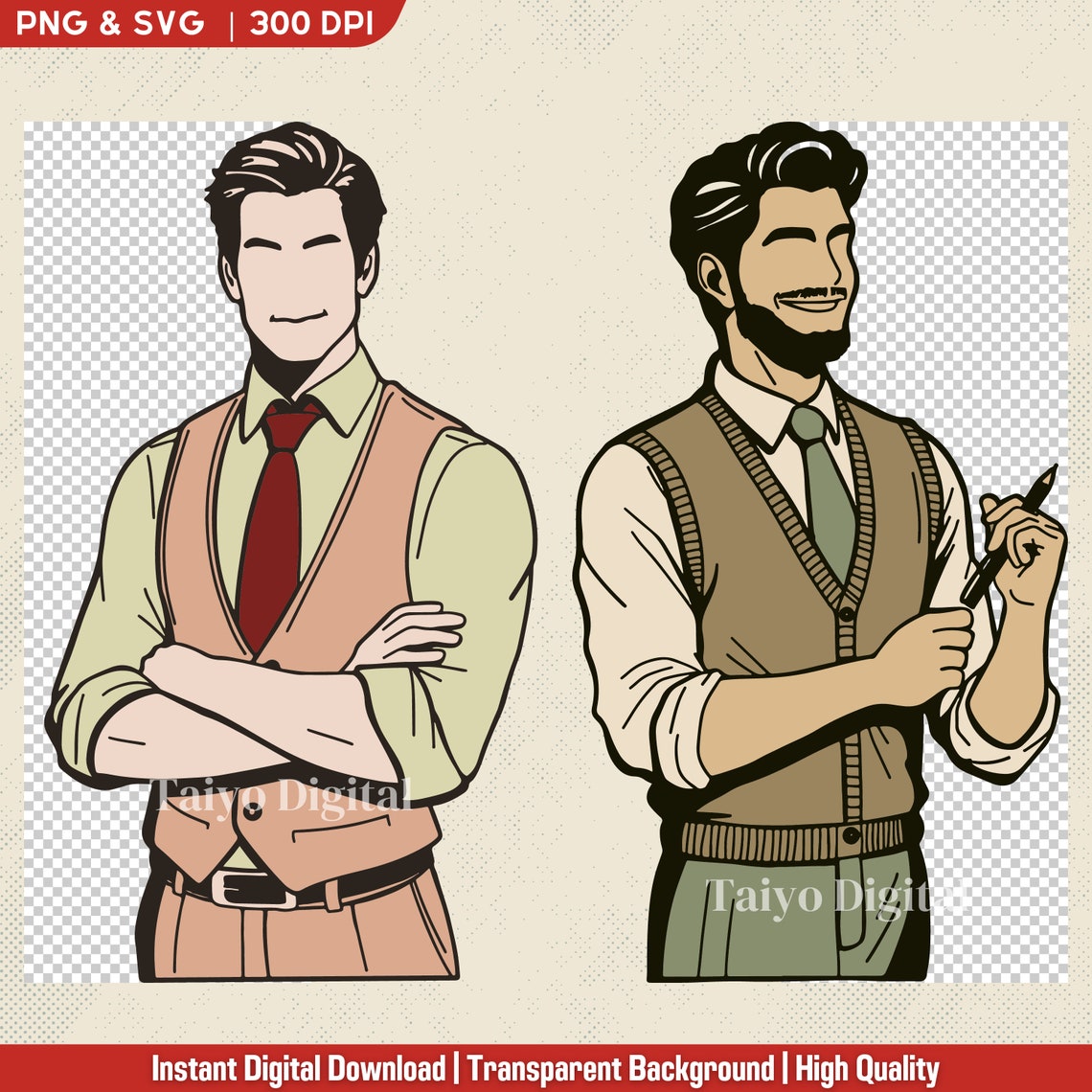 Vintage 50s Men SVG and PNG Clipart: Editable Colors in Canva. Retro ...