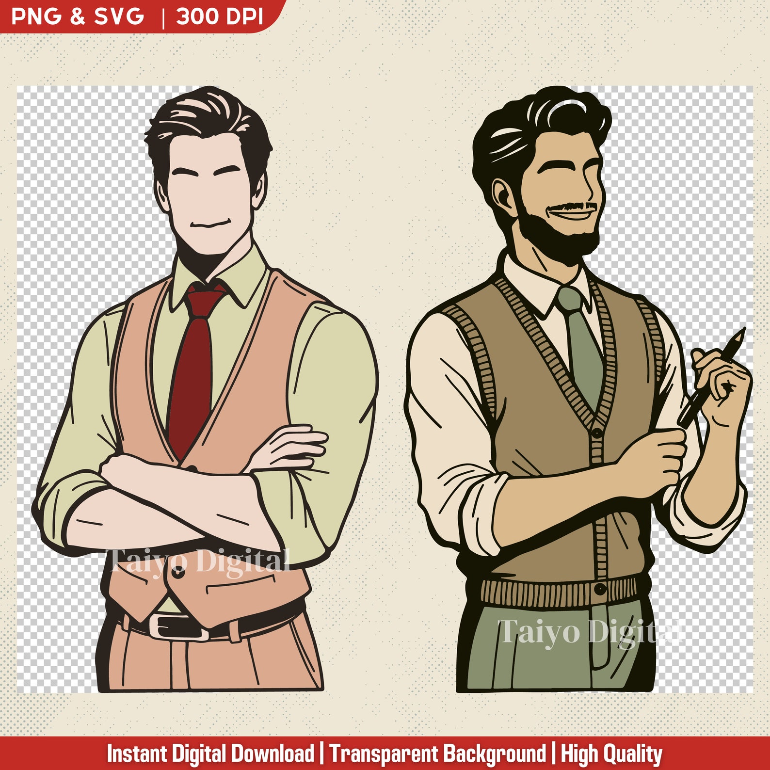 Vintage 50s Men SVG and PNG Clipart: Editable Colors in Canva. Retro ...