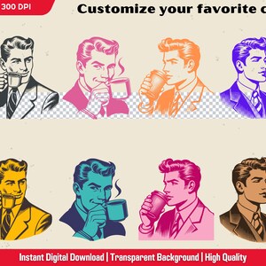 4 Retro Gentleman Enjoying Coffee Svg & Png Cilpart, 50s Man, Editable ...