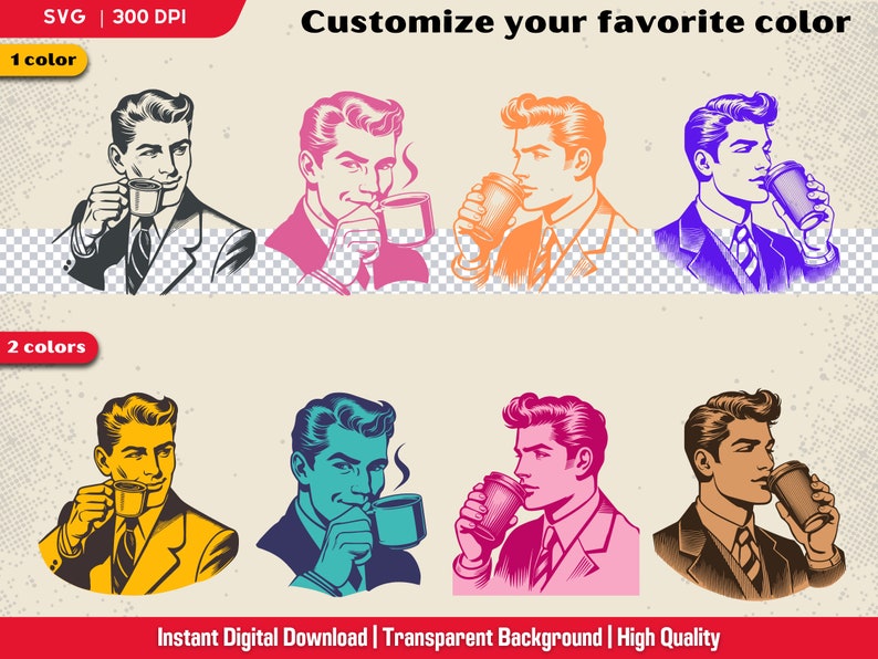 4 Retro Gentleman Enjoying Coffee Svg & Png Cilpart, 50s Man, Editable ...
