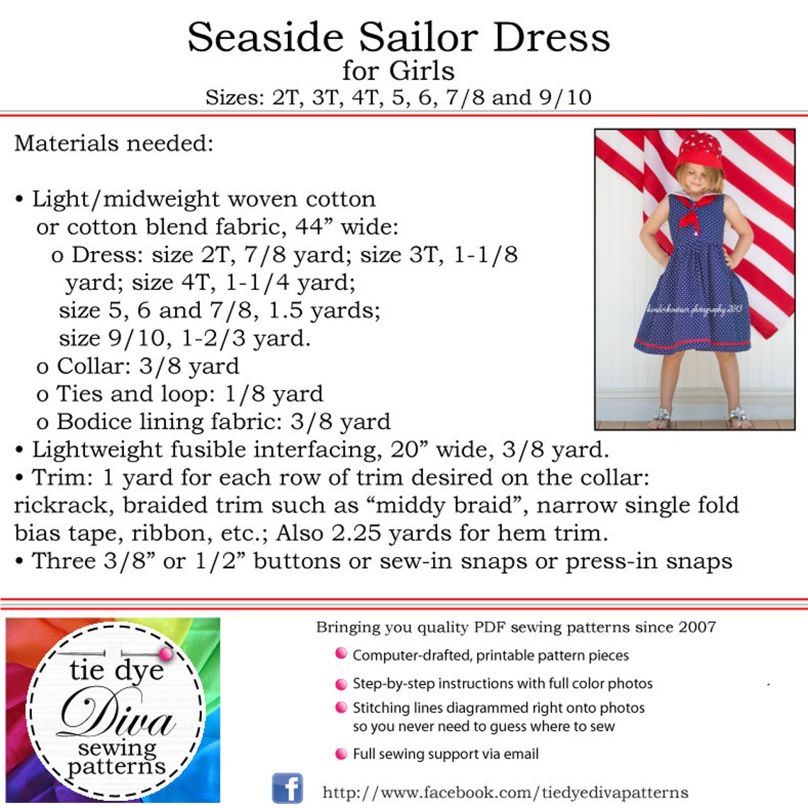Girls Sailor Dress Sewing Pattern – Vintage Style, Sizes 2 to 10 (PDF ...